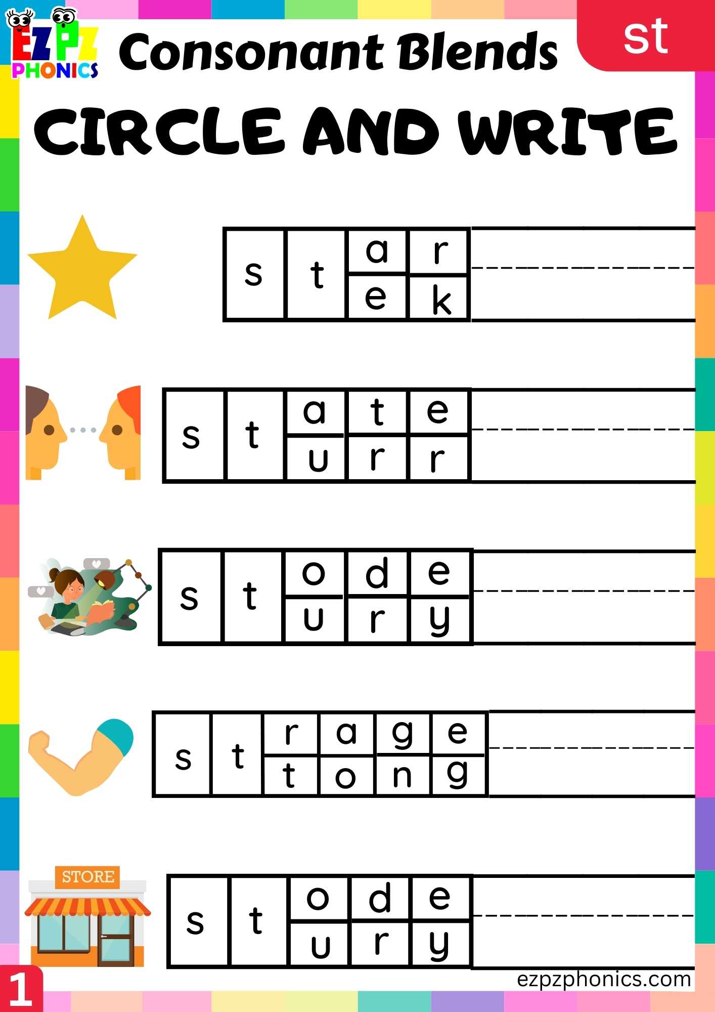 Group1 ST Words Circle And Write Phonics Consonant Blends Worksheet - ezpzphonics.com